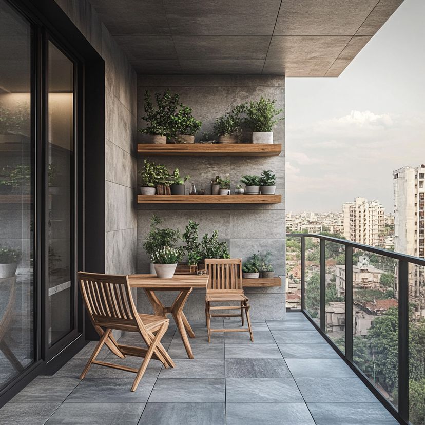 Balcony Design with Contemporary Concrete Wallpaper and Wooden Wall ...