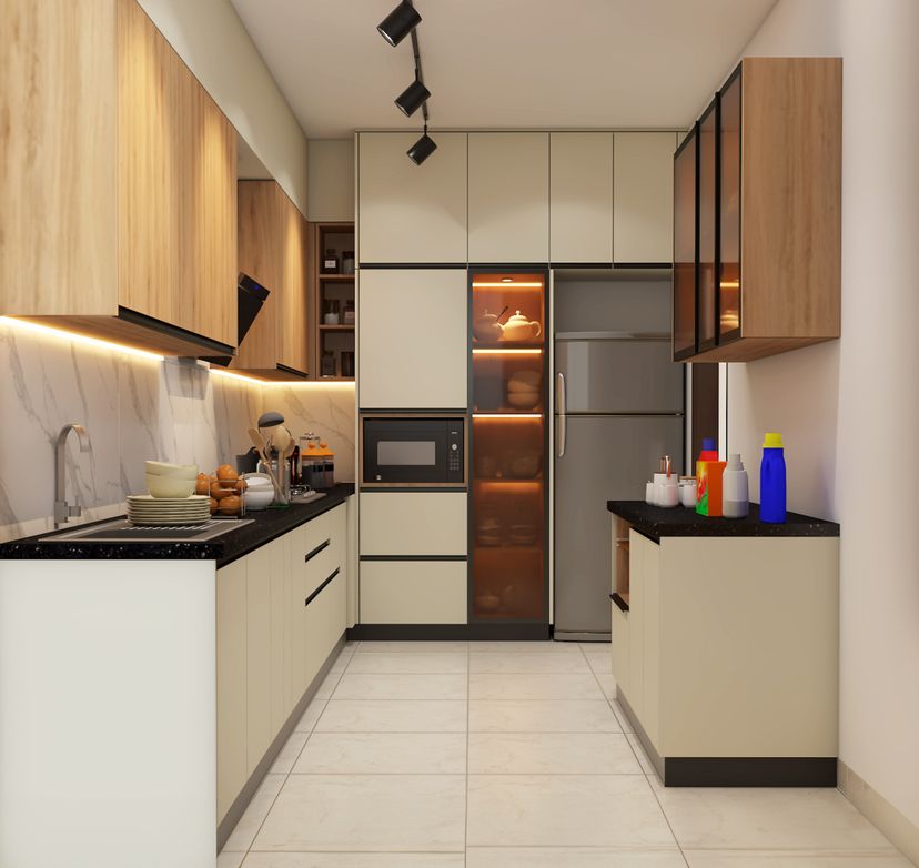 L-Shaped Contemporary Kitchen Design with White and Walnut Cabinets ...