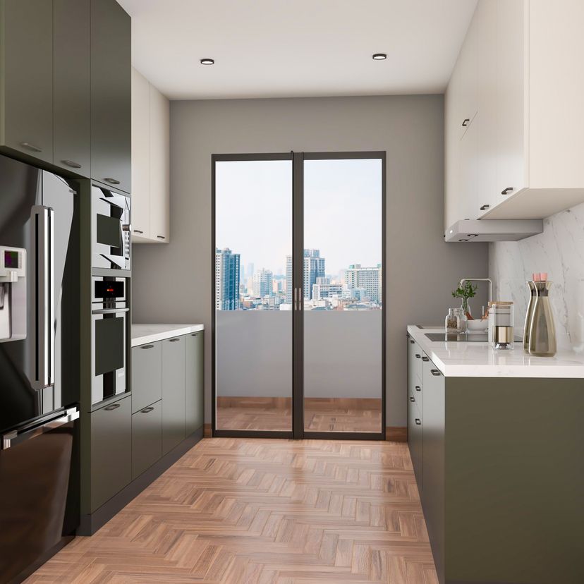 Green and White Contemporary Parallel Kitchen Design With Cabinets and ...