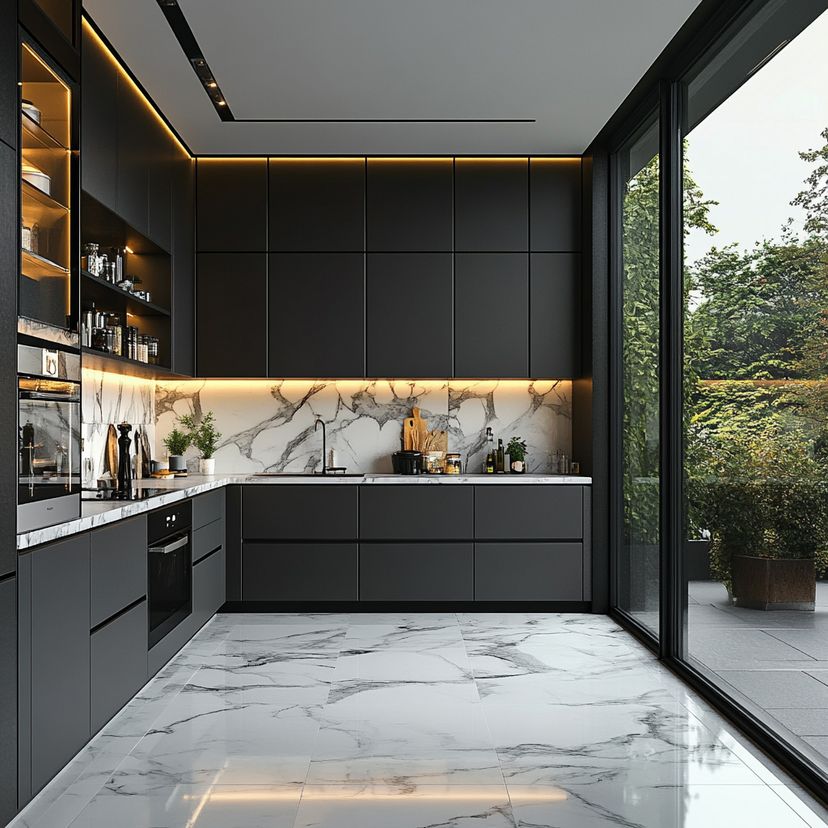 Blue Modern L-Shaped Kitchen Design with Marble Countertop, Perfect for Medium-Sized Families ...