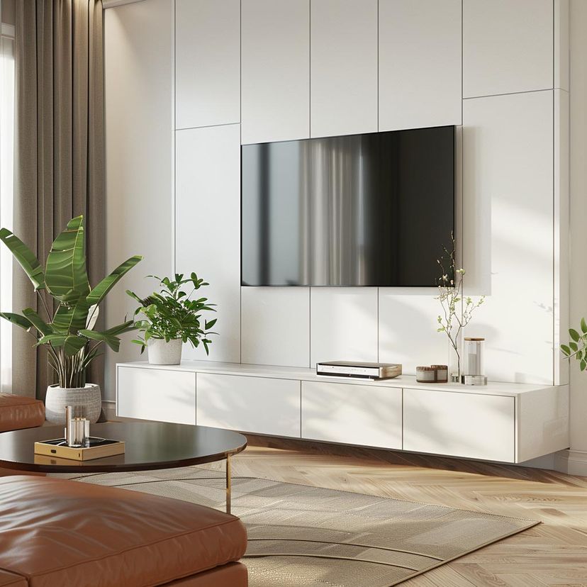 Modern Frosty White TV Unit Design with J-Profile Handle Design | Livspace