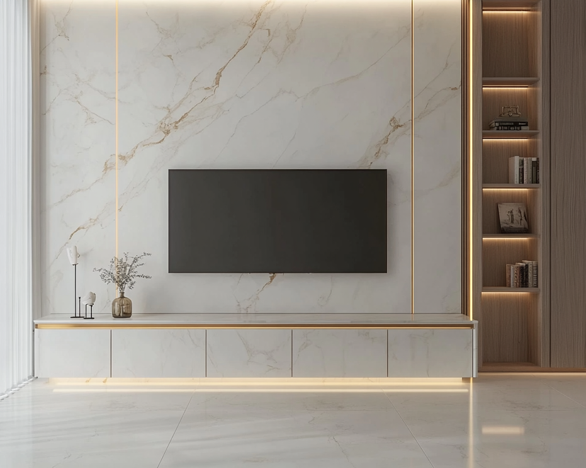 Scandinavian TV Unit Design with Tall Shelving, Profile Lighting, and ...