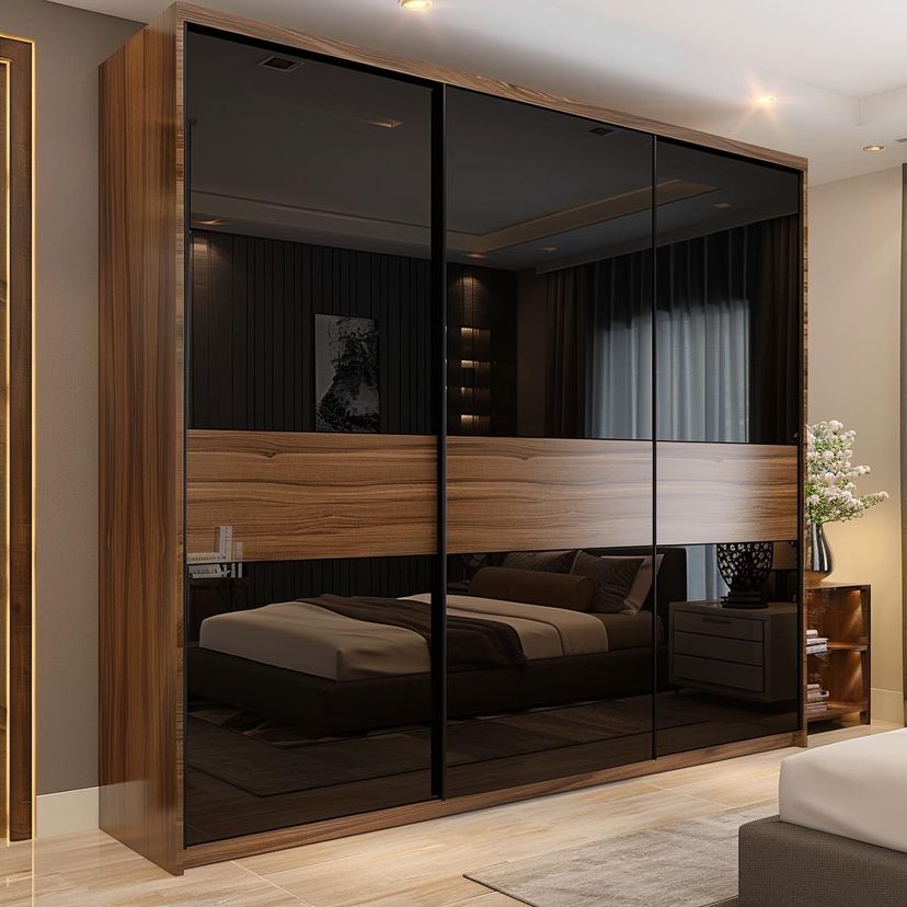 Modern Black and Wood Sliding Wardrobe Design with Spacious Shelves and ...