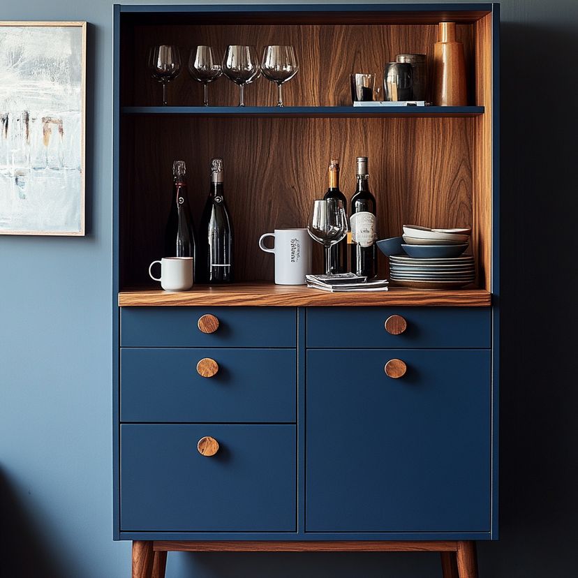 Home Bar Design With Modern Navy and Wood Finish | Livspace