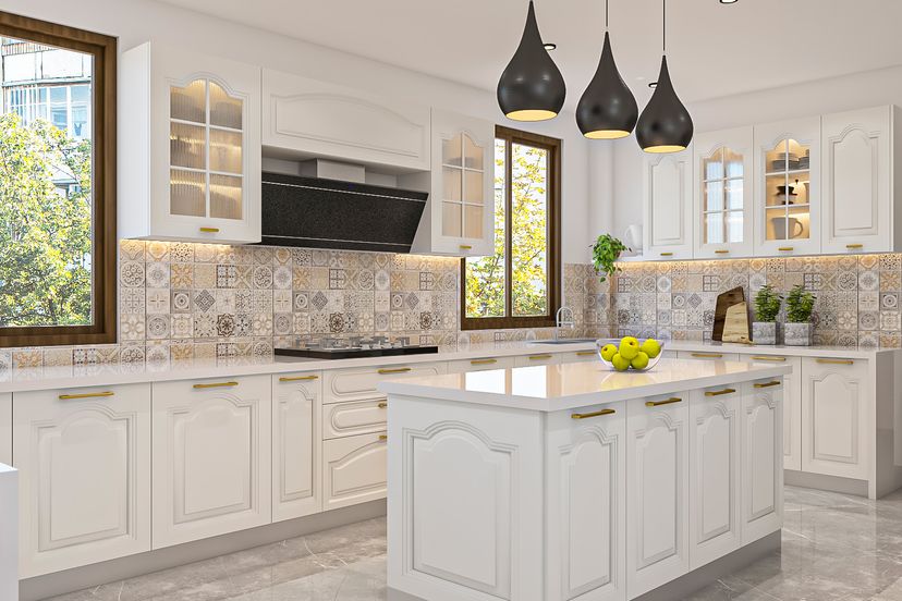 Classic Island Kitchen Design in Off White With Glass Cabinets and ...