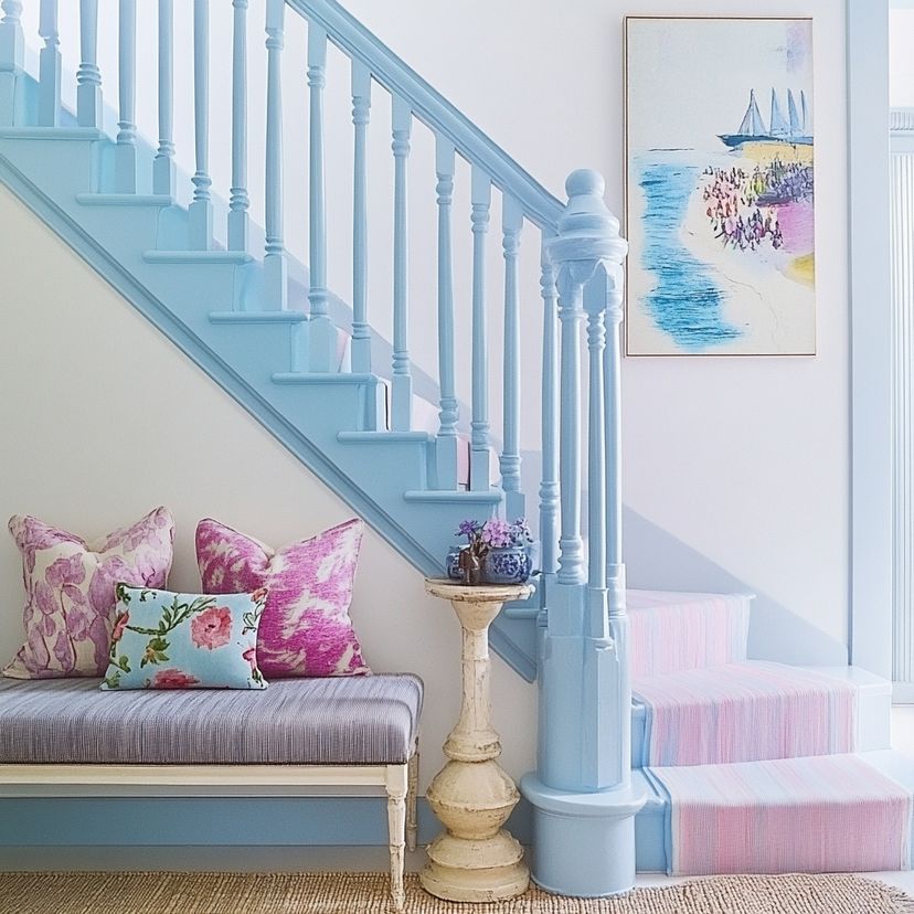 Curved-Base Coastal Staircase Design in Pastel Blue Wood Finish | Livspace