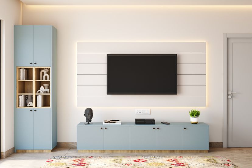 Modern TV Unit Design in White and Light Blue with Base Unit with ...