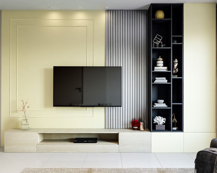 Acacia and Yellow Modern TV Unit Design with Closed Cabinets and Open ...