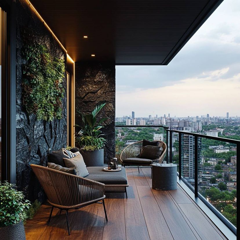 Balcony Design in Modern Style with Stylish Wooden Panel Wall with ...