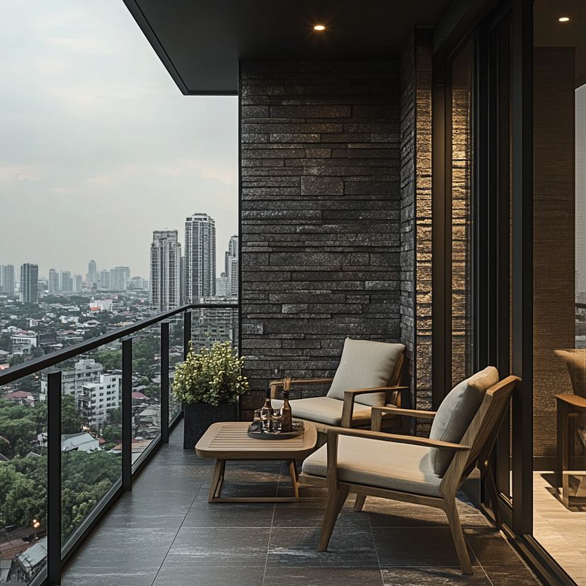Balcony Design with Contemporary Wooden Armchairs, Light Gray ...