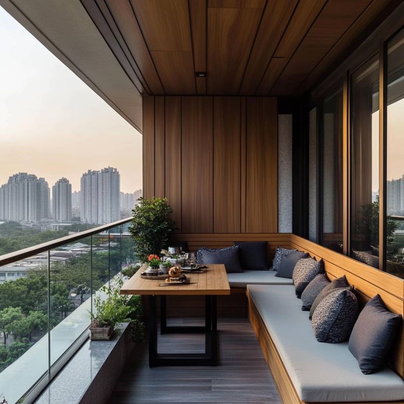 Balcony Design in Modern Style with Wooden Panel Wall and Grooved ...