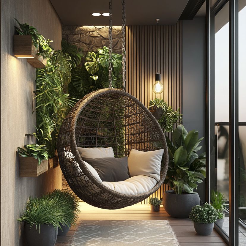 Balcony Design with Modern Hanging Wicker Chair, Wooden Slats, and ...