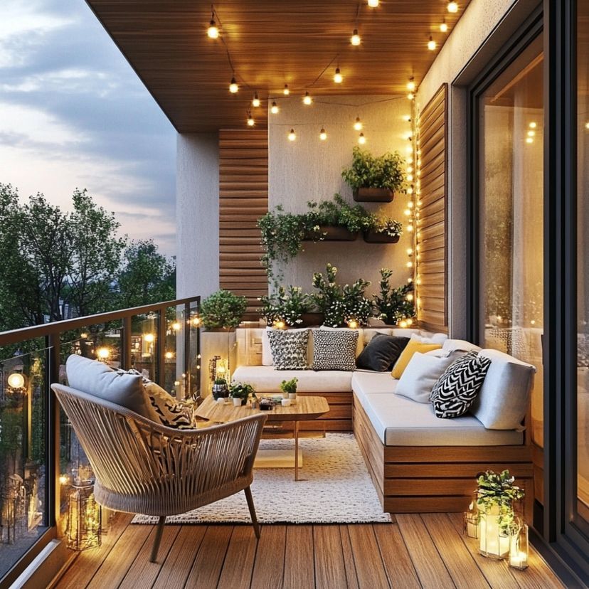 Balcony Design with Tropical Built-in Bench, Green Planters, Wooden ...