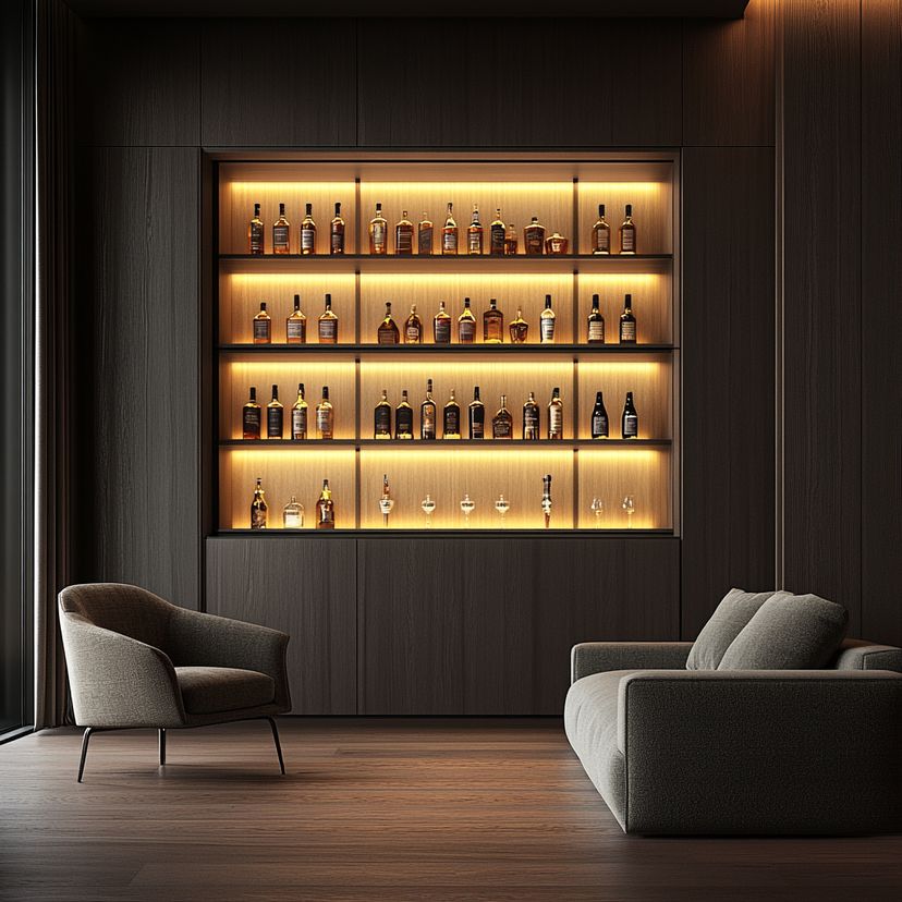 Home Bar Design with Modern Open Display, Closed Cabinets, and Smart ...