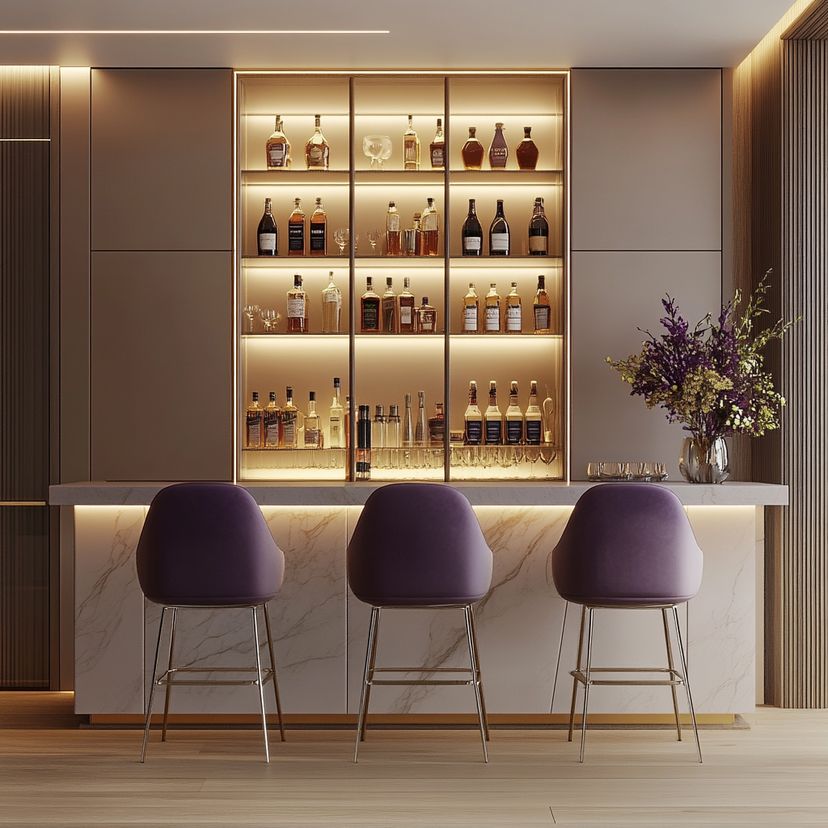Beige and Gold Modern Home Bar Design with LED-Lit Glass Shelves ...