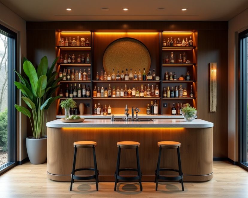 Walnut Bronze Tropical Home Bar Design with Open Shelving, Soft Curves ...