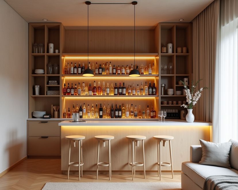 Home Bar Design with Modern Warm Wood Finish and Open Shelving | Livspace