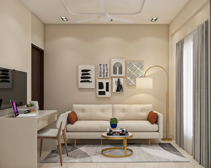 Home Office Design with Minimal Cream Sofa, Work Desk and Neutral Tone ...
