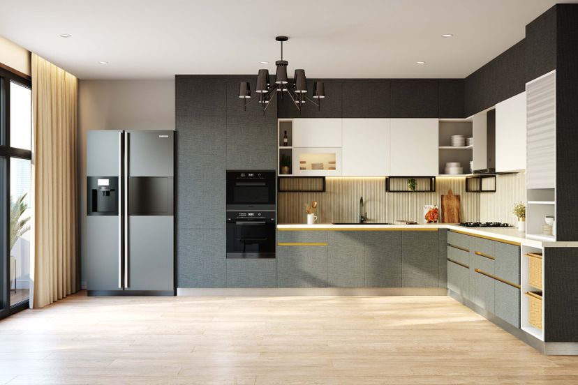 L-Shaped Contemporary Kitchen Design with Suede-Finish Laminate and ...