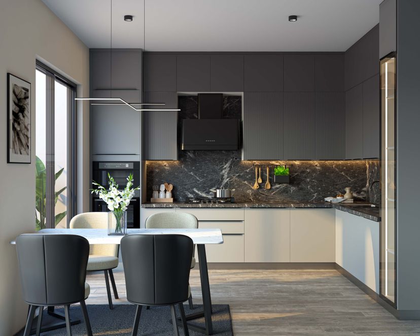 Modern L-Shaped Kitchen Design with Fluted Wall Units and Quartz ...