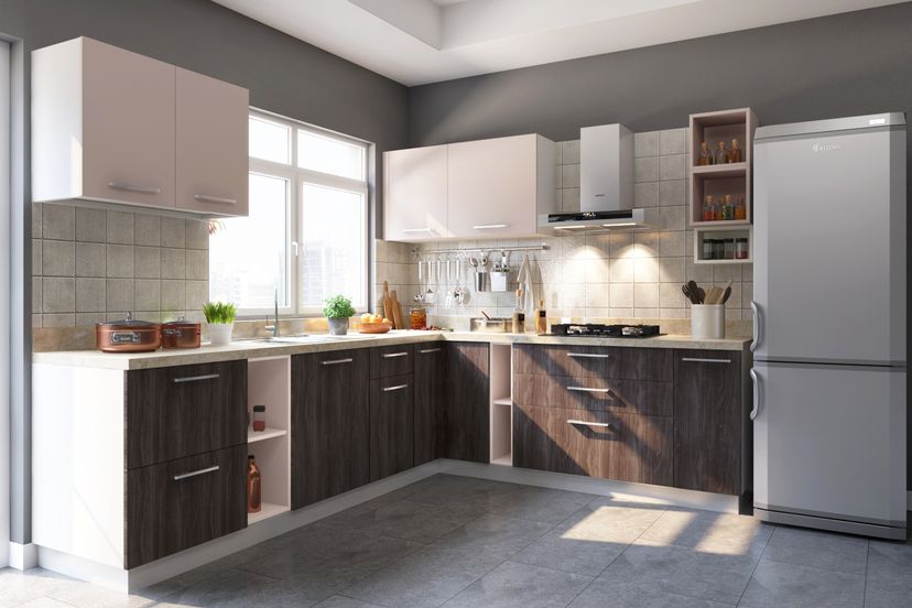 L-Shaped Transitional Kitchen Design in Cherry Walnut and Beige ...