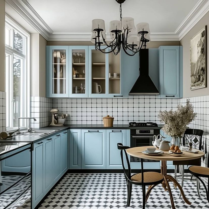 Blue L-Shaped Modern Kitchen Design with Matte Finish Cabinets and Jet ...