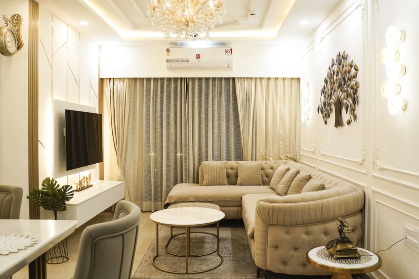 Living Room Design with Contemporary Plush Beige Sofa and Marble Table ...