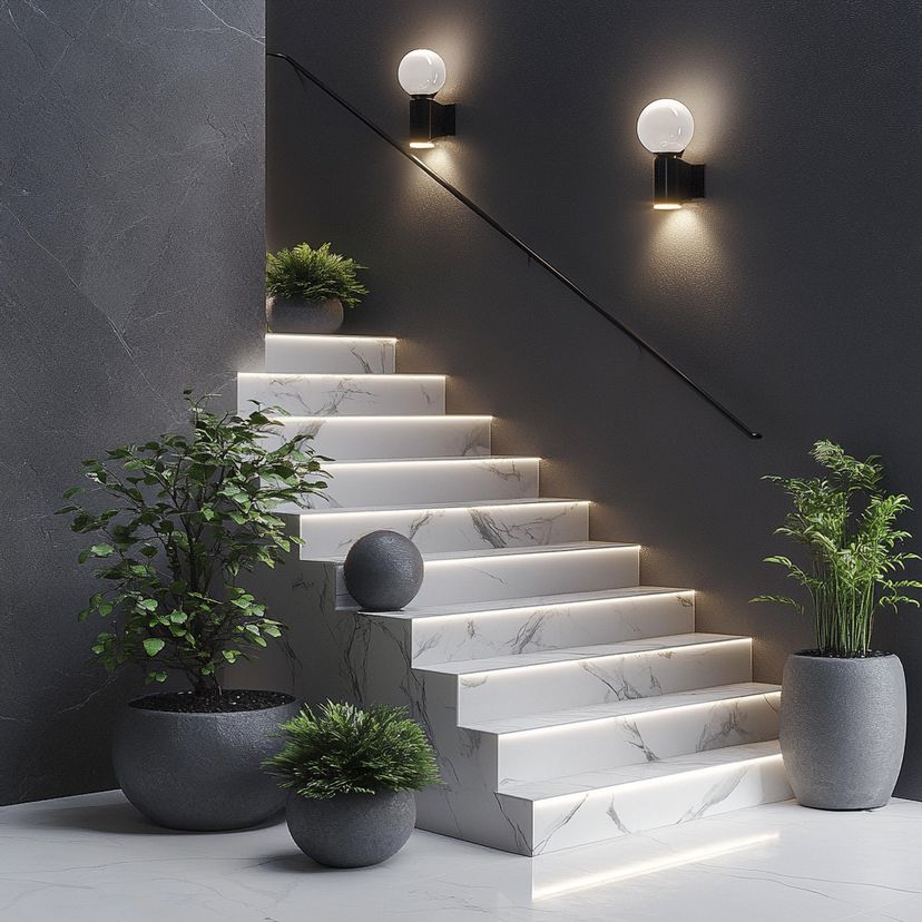 White Marble Modern Straight Staircase Design: Bright, Clean, and ...