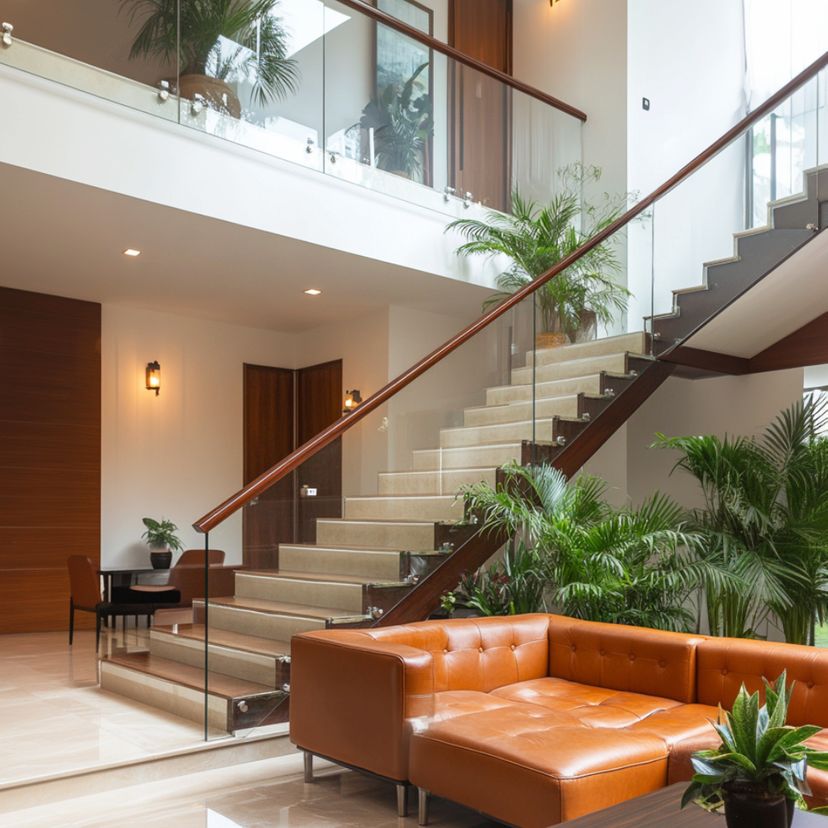 L-Shaped Contemporary Staircase Design with Glass Railings, Wood Steps ...