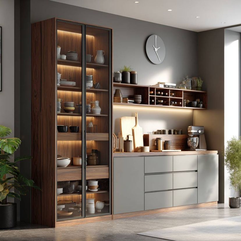 Contemporary Crockery Unit Design with Glass Towers, LED-Lit Shelves ...