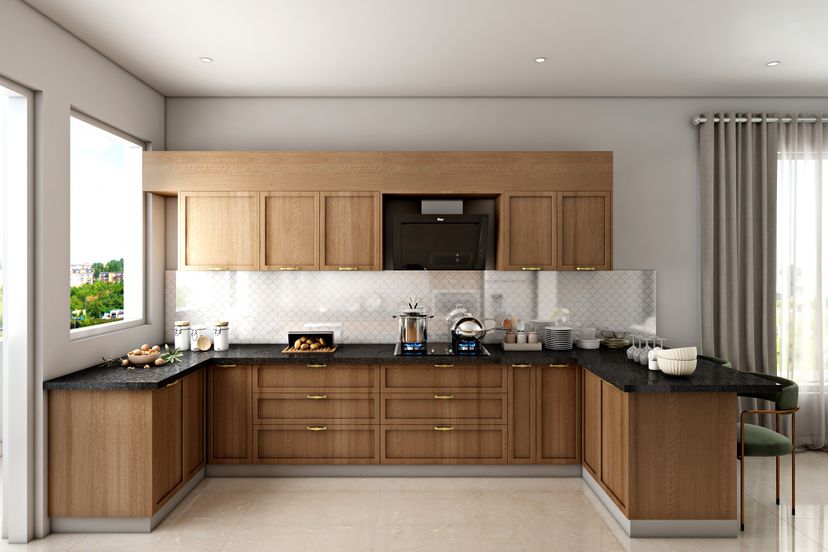 U-Shaped Classic Kitchen Design with Granite Countertop and Open Pantry ...