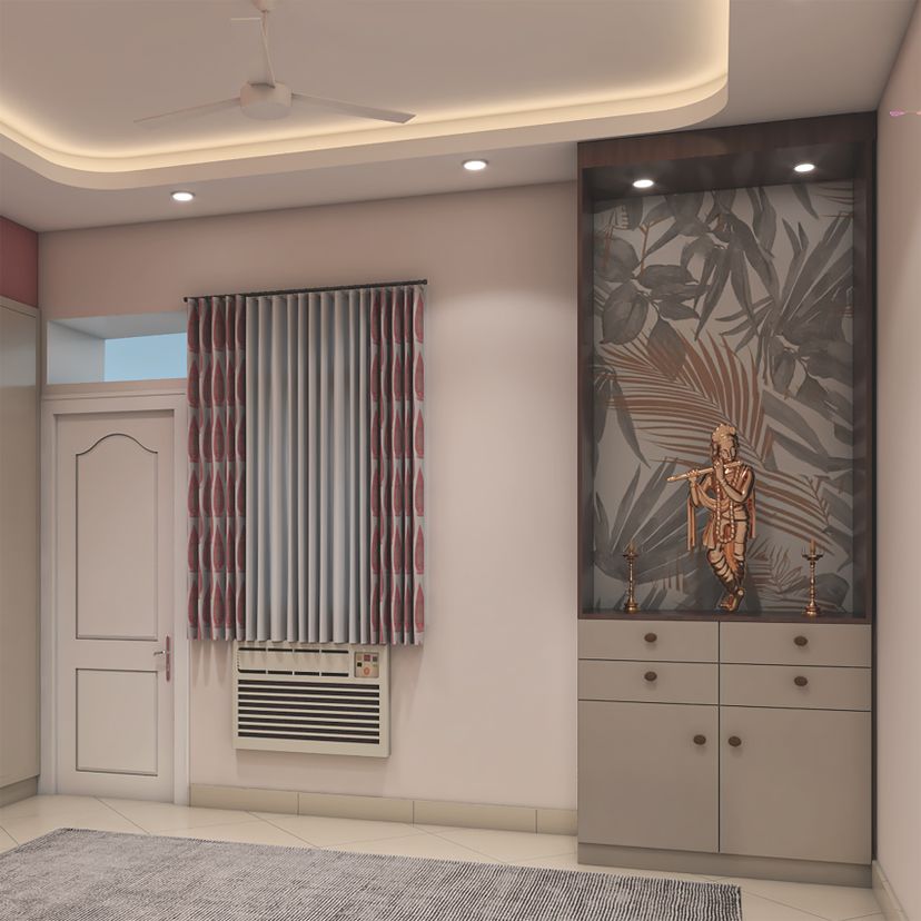 Modern Floor-Mounted Pooja Design with Leaf Pattern Back Panel and ...