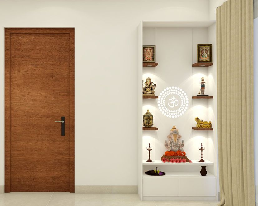 Modern Glowing Om White Pooja Room Design with Storage Cabinets | Livspace