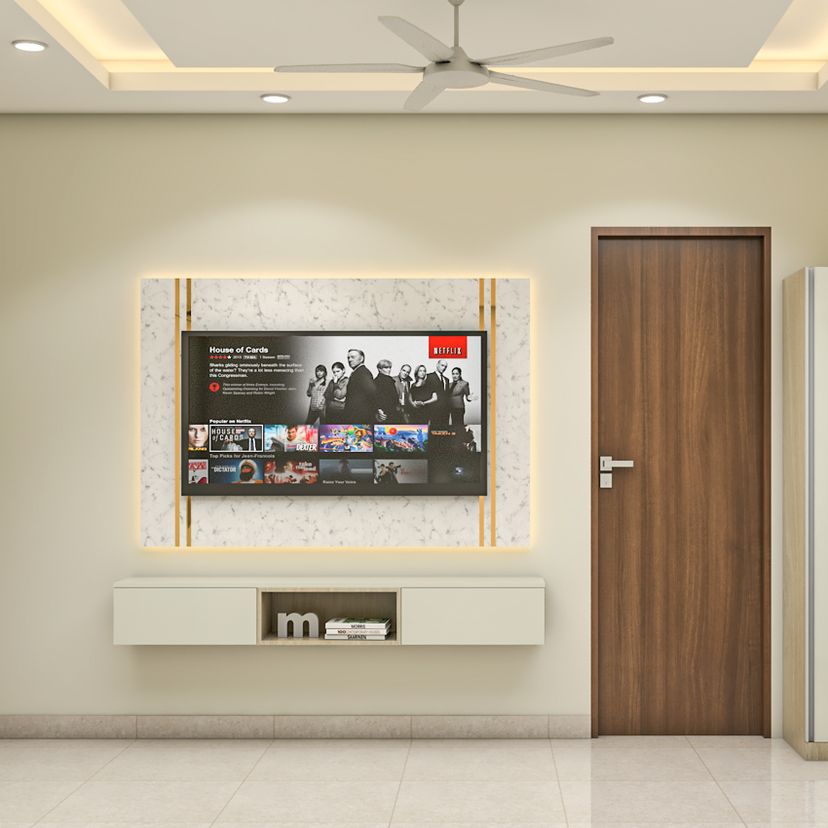 Contemporary Marble Accent White TV Unit Design with Golden LED Straps ...