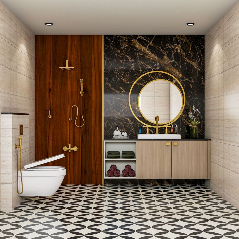 Elegant Bathroom Tile Design With Marble And Wooden Walls | Livspace