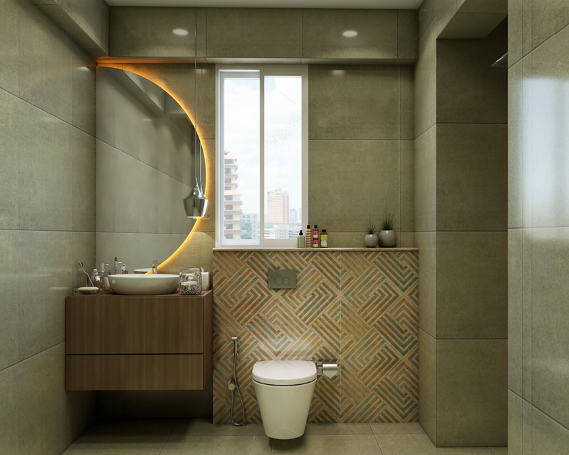 Glossy Green Bathroom Tile Design With A Wall Dado | Livspace