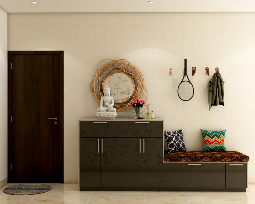 Contemporary Foyer Design With Two-Step Brown Storage Unit And Circular ...