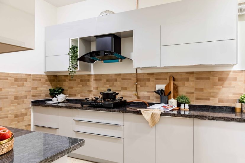 Ceramic Matte Brown Kitchen Tile Design In A Stacked Pattern | Livspace