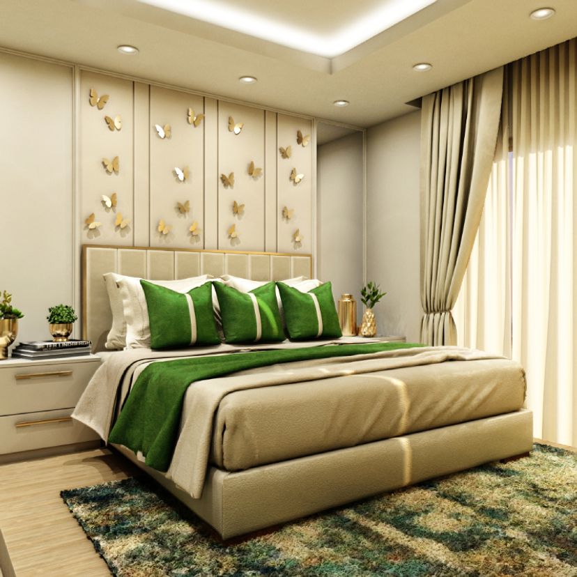 Compact Beige And Green Guest Room Design | Livspace
