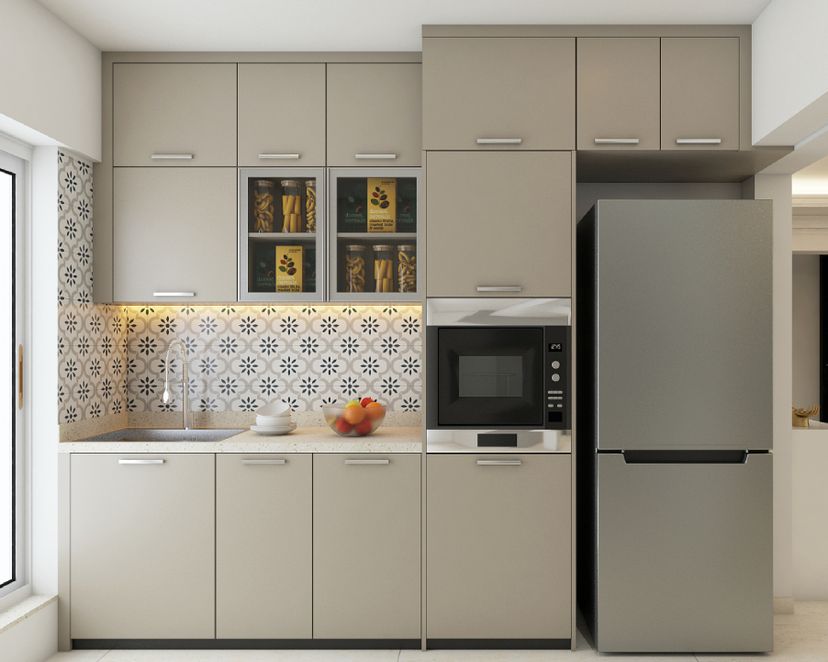 Spacious Kitchen Design With Grey Storage Units - 10X8 Ft | Livspace