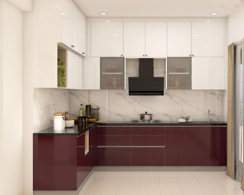 Modular Kitchen Design With Spacious Kitchen Cabinet Design In Maroon ...