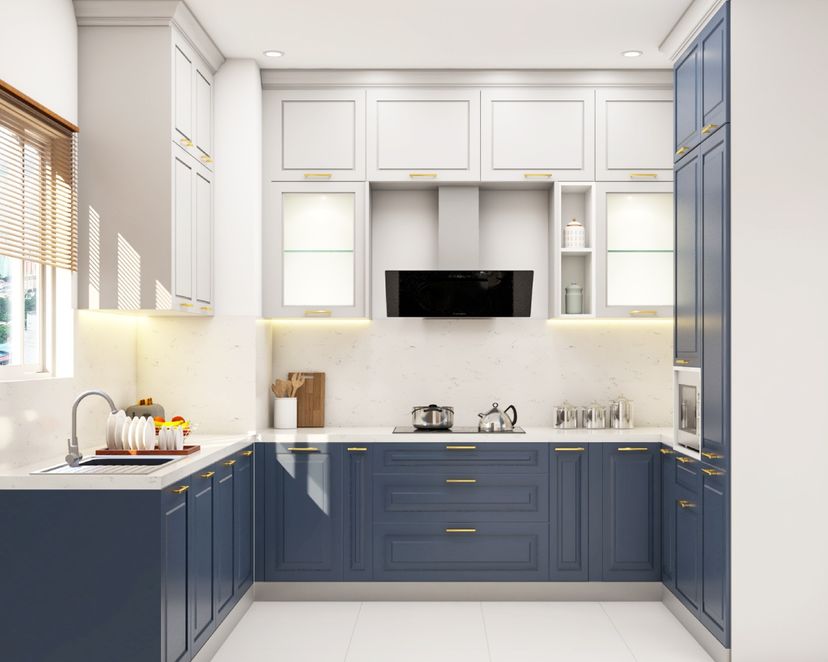 Modular Kitchen Design With Blue And White Cabinets - 12x12 Ft | Livspace