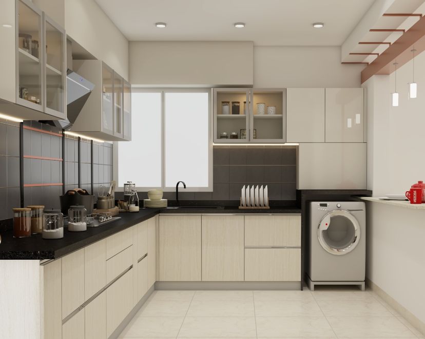 Modular Kitchen Design With Dark Grey Dado Tiles - 14x11 Ft | Livspace