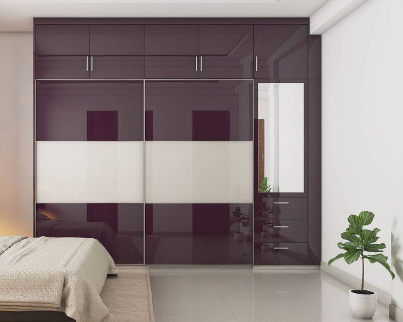 Purple And White Wardrobe Design With A Mirror | Livspace