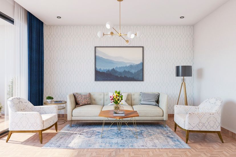 Elegant Contemporary Living Room with Beige Sofa and Patterned Chairs ...