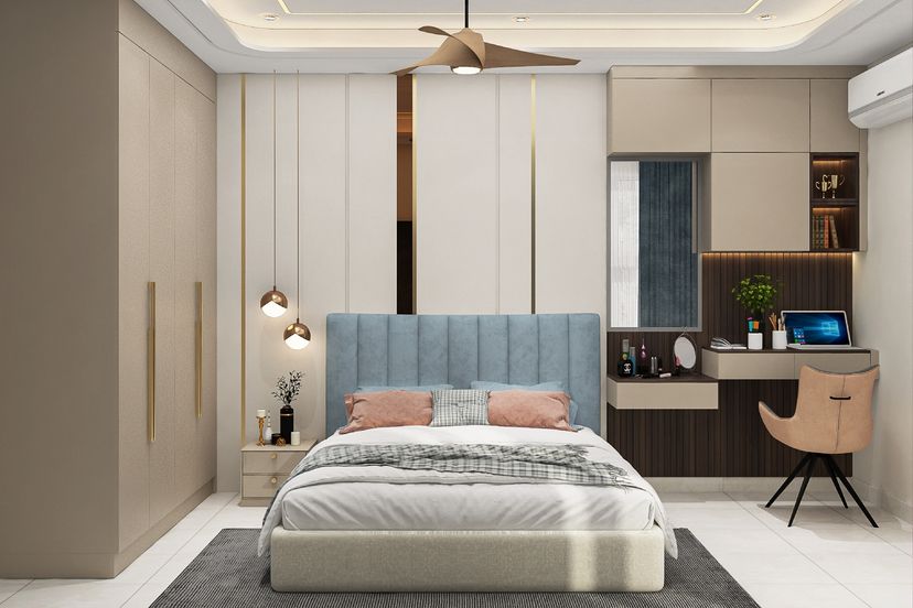 Modern Master Bedroom Design with King Bed, Wardrobe, and White-Gold ...