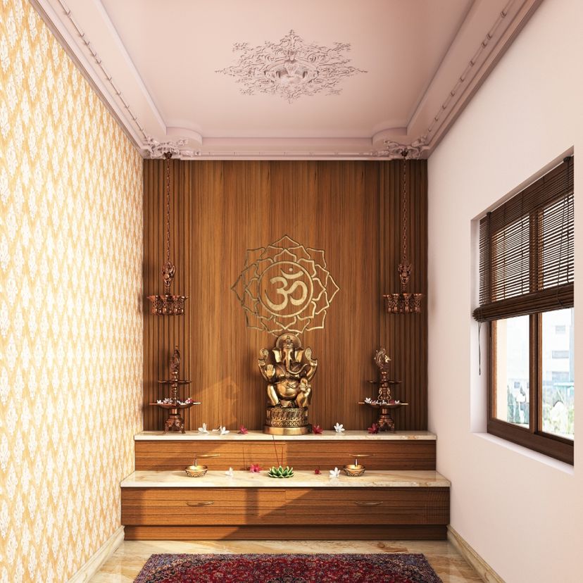 Golden OM Print Classic Pooja Unit Design: 2 Tiered Platform with ...