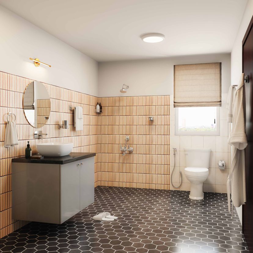 Modern Bathroom Design: Vanity Unit with Cabinets and Round Mirror ...