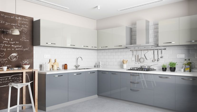 "Silver and White Contemporary L-Shaped Kitchen Design With Storage ...