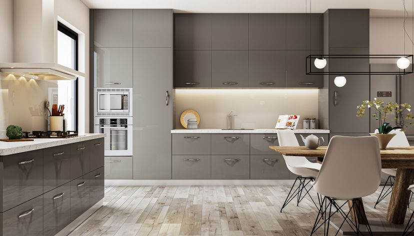 Silver Accents: Contemporary Open Kitchen Design With Cabinets and ...